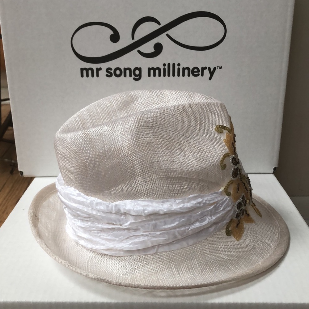 Mr Song Millinery Mesh Hat White Beaded - Gem